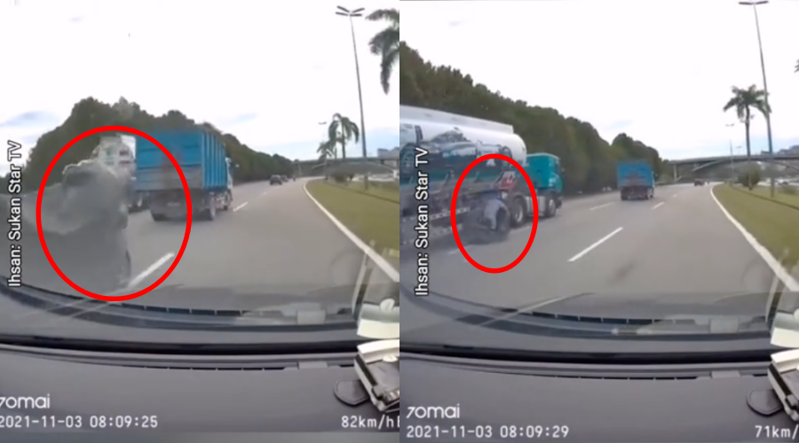 (Video) Kanvas Lori 'Terbang' Timpa Penunggang Motosikal, Dua Orang Nyaris Digilis Lori Tangki
