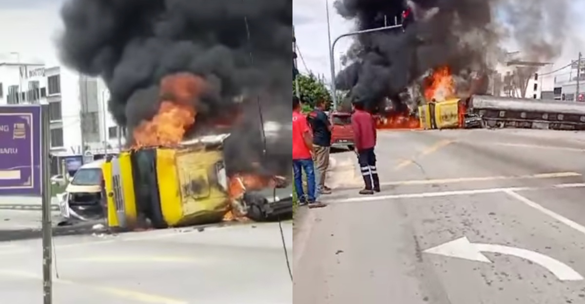 Tiga Kenderaan Termasuk Lori Tangki Muatan Minyak Sawit Terbakar Dalam Kemalangan