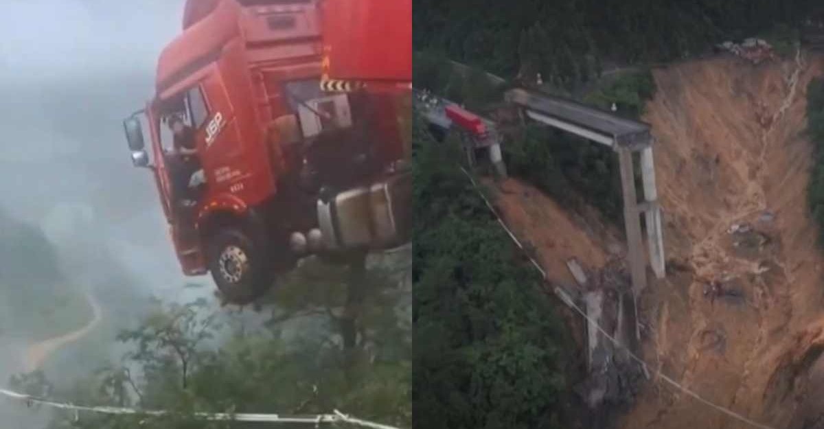 Detik Cemas Pemandu Lori 'Tergantung' di Jambatan China Selepas Runtuh